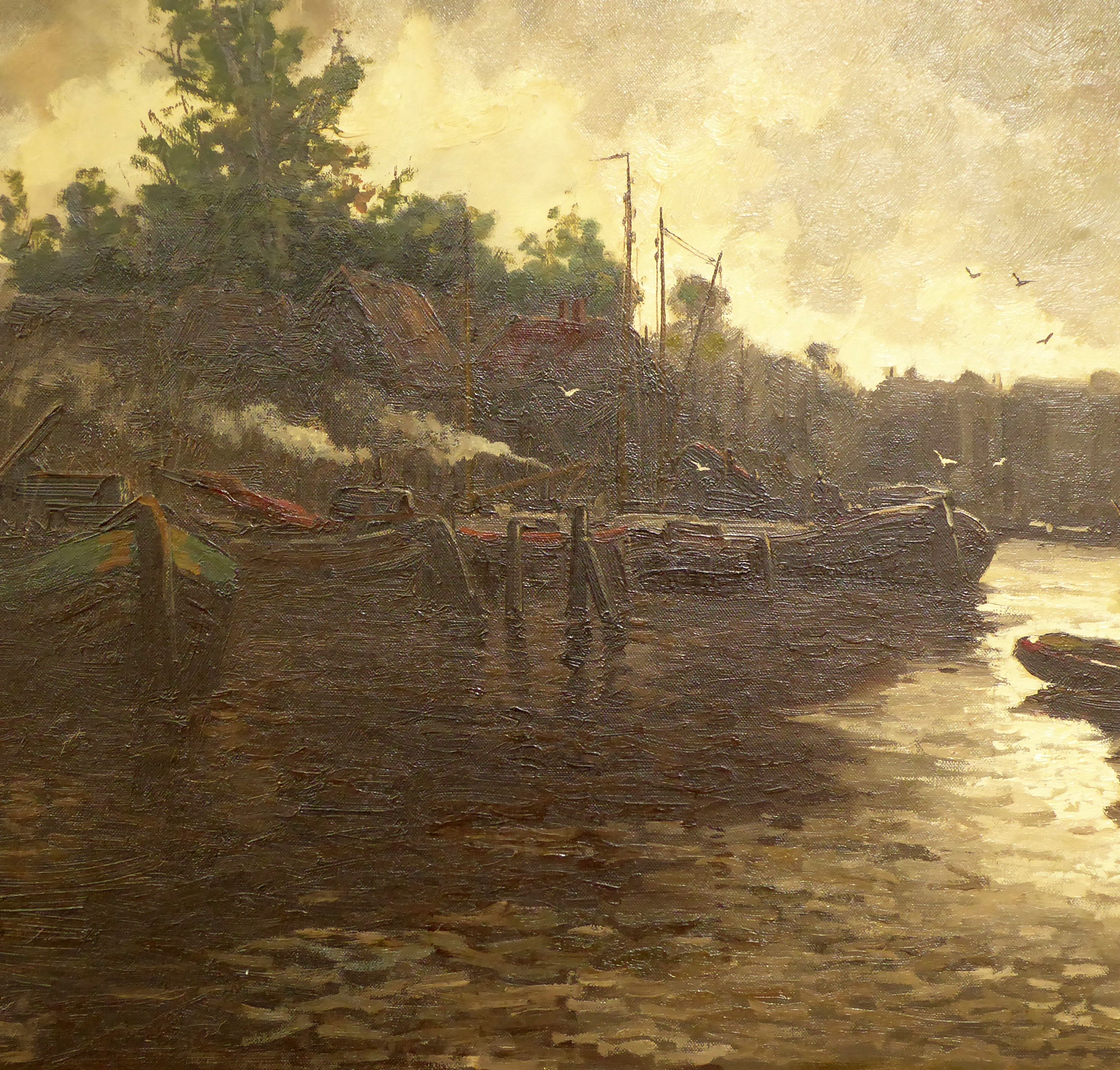 Painting Dutch painter Jos van Dijk, sloop in the harbor