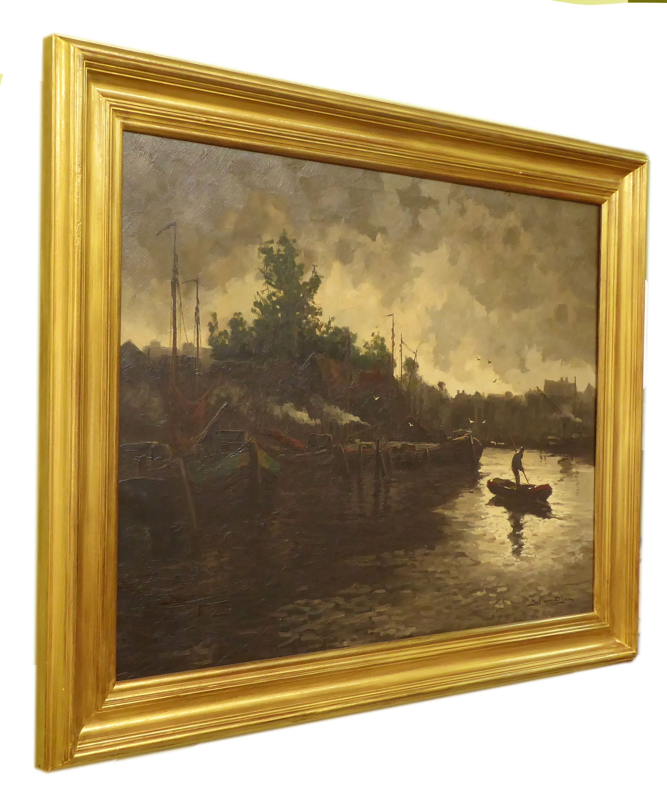 Painting Dutch painter Jos van Dijk, sloop in the harbor