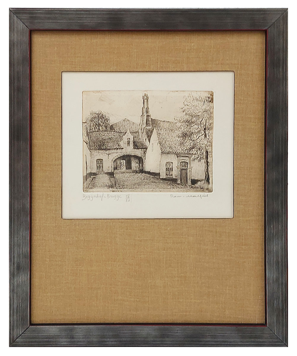 Etching Begijnhof Bruges by the Belgian etcher Romain Malfliet
