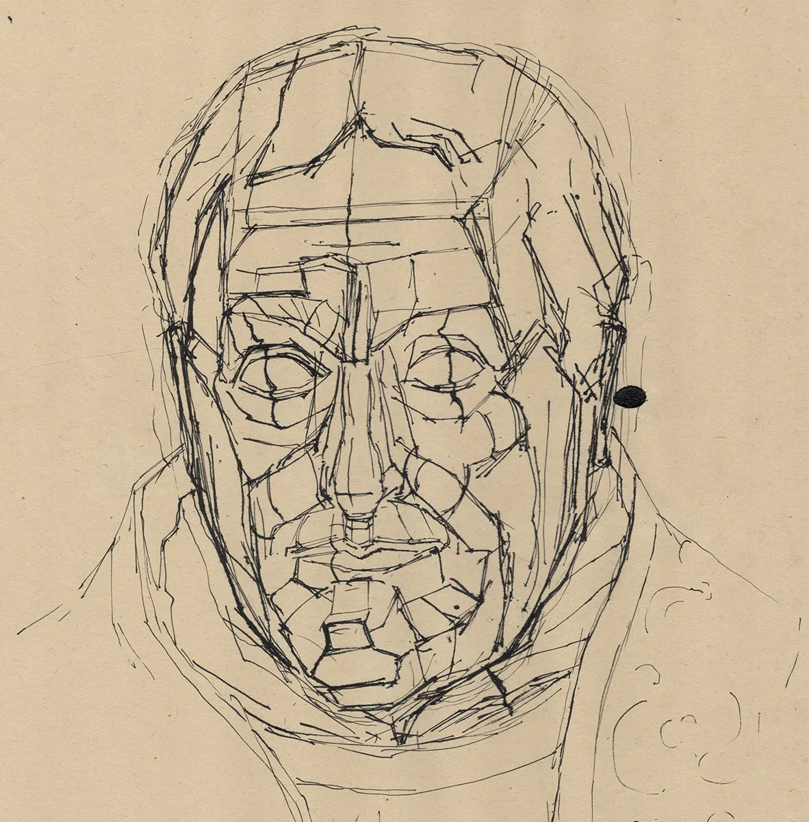 Pen drawing of male head 1979 by Antwerp artist Paul Van Dessel