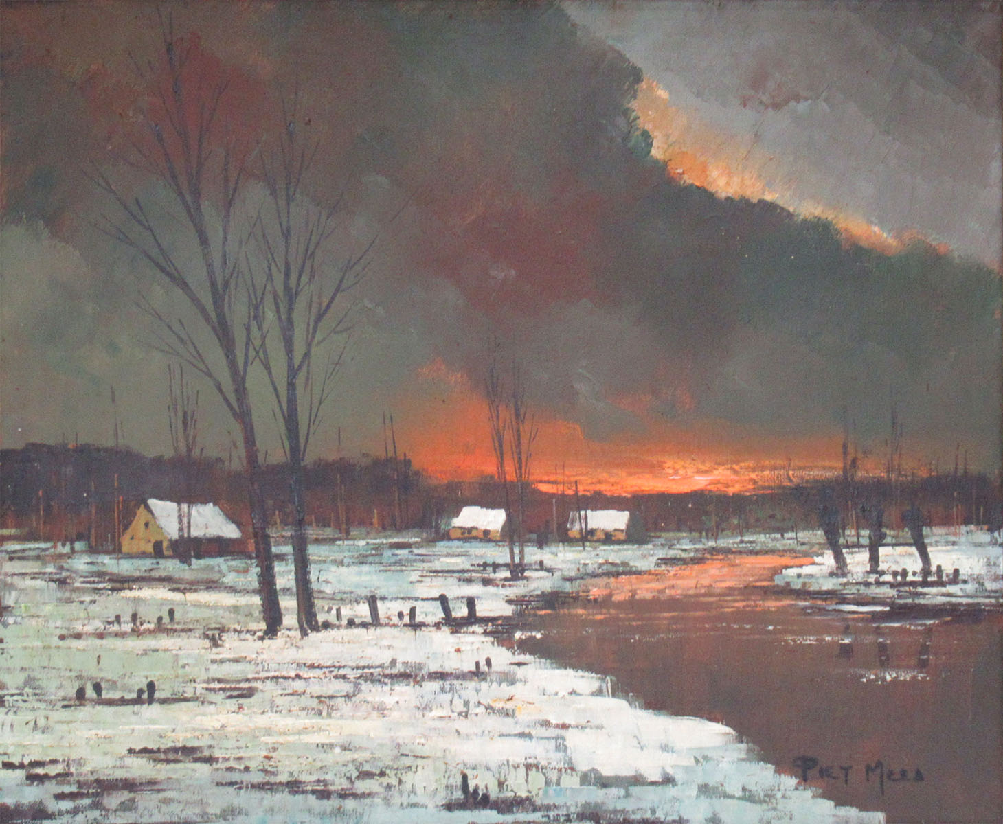 Winterlandschap bij valavond met beek de Belgische schilder Piet Mees