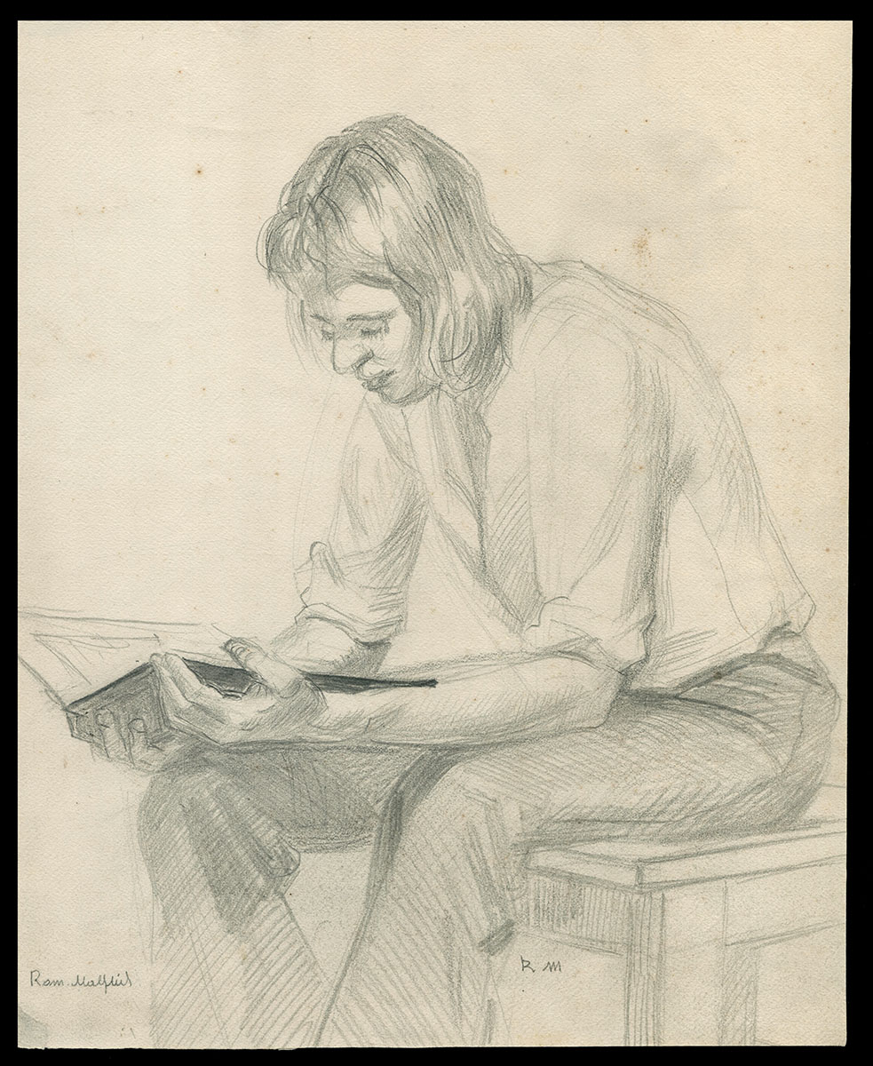 pencil drawing of a young man reading a book by Romain Malfliet
