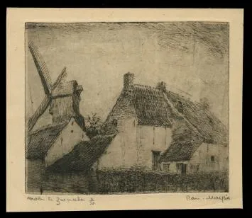 Windmill an etching by the Belgian etcher Romain Malfliet